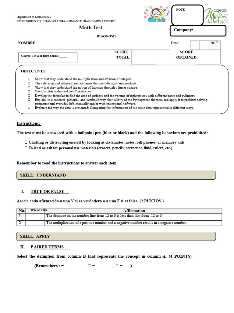 High School Math Test Objectives and Skills | PDF | Mathematics | Geometry
