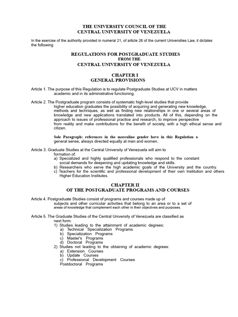 Postgraduate Study Regulations of UCV (CENTRAL UNIVERSITY of VENEZUELA) | PDF | Academic Degree ...