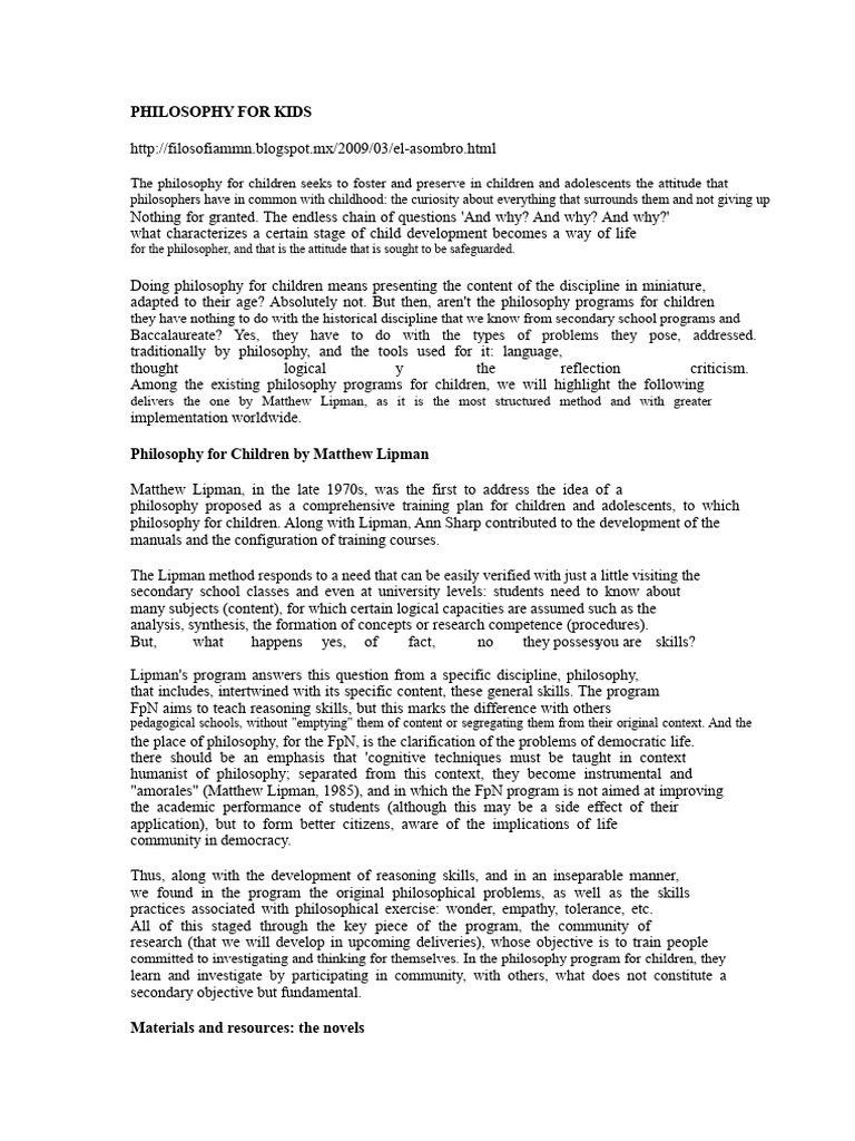 Philosophy for Kids: Lipman's Method | PDF | Thought | Reason