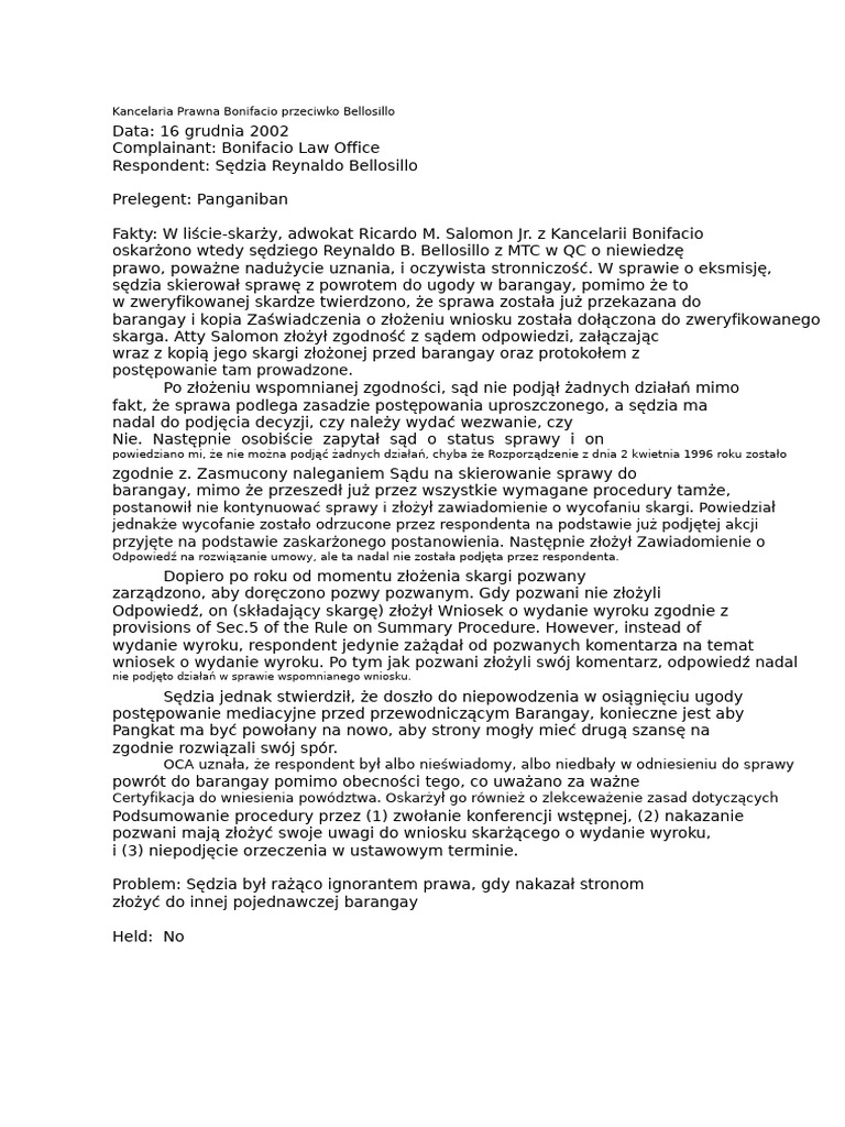 Kancelaria Prawna Bonifacio Przeciwko Bellosillo | PDF