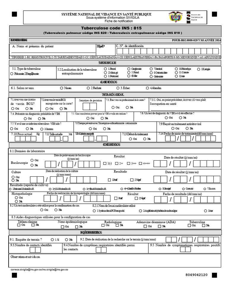Fiche de Notification Tuberculose f815 | PDF | Tuberculose | Médecine ...