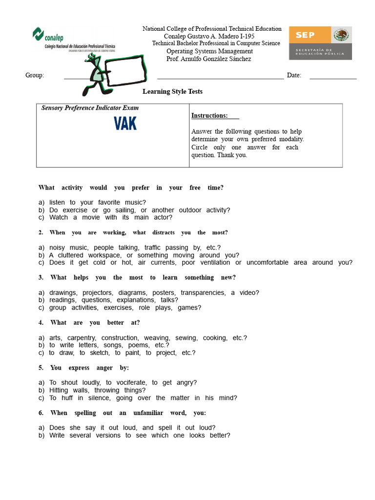 Test For VAK Learning Styles Operating Systems Print | PDF | Learning ...