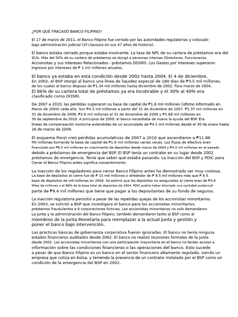 Causas del Fracaso del Banco Filipino | PDF | Bancos | Fraude