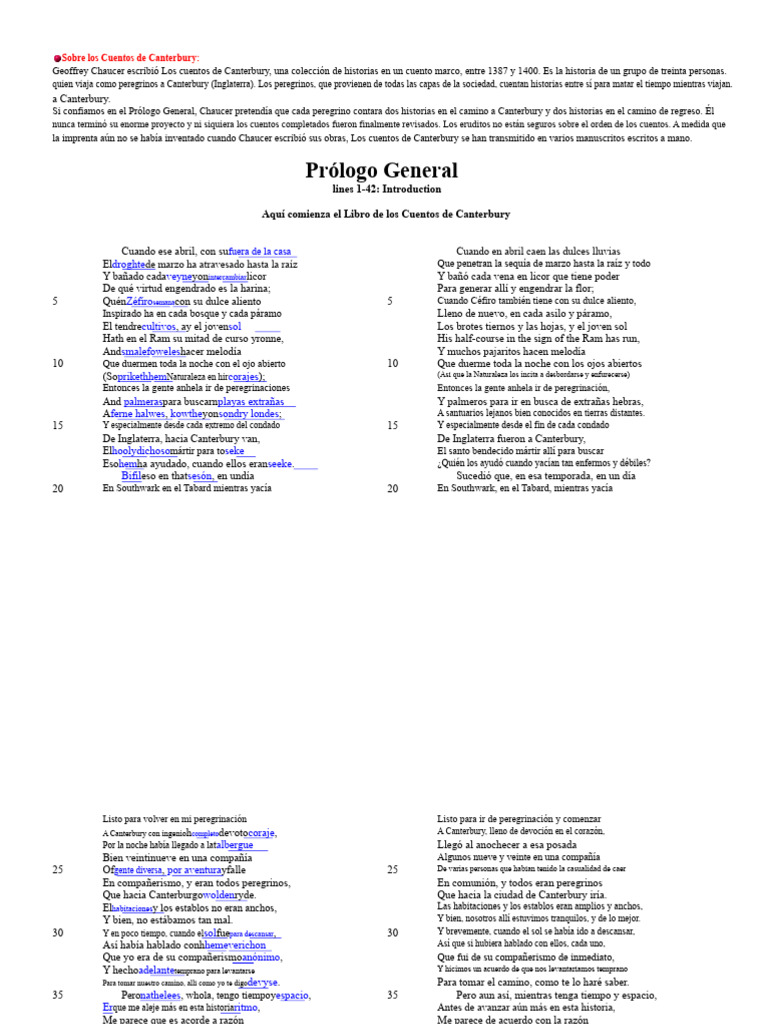 El Prólogo Inglés Medio Inglés Moderno Pdf Los Cuentos De