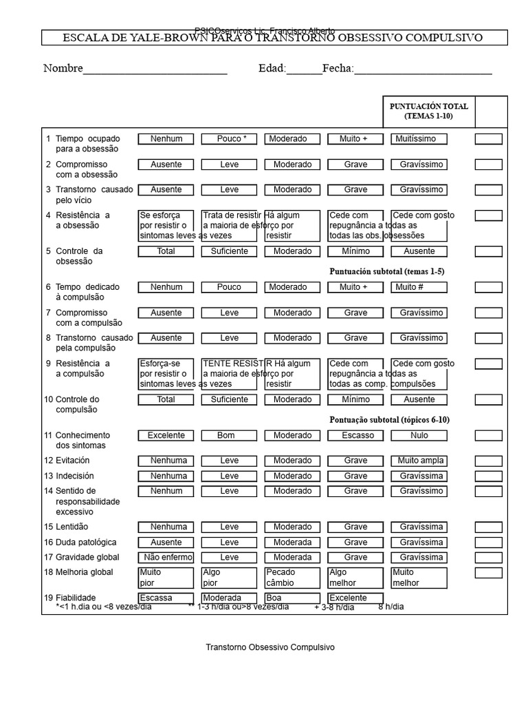 Escala de Yale Brown TOC | PDF | Transtorno obsessivo compulsivo (TOC) | Ciências comportamentais