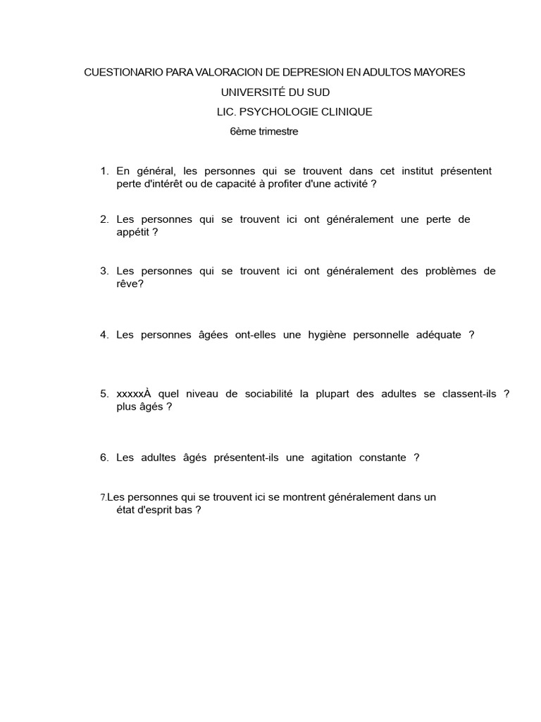 Questionnaire sur la dépression chez les seniors | PDF