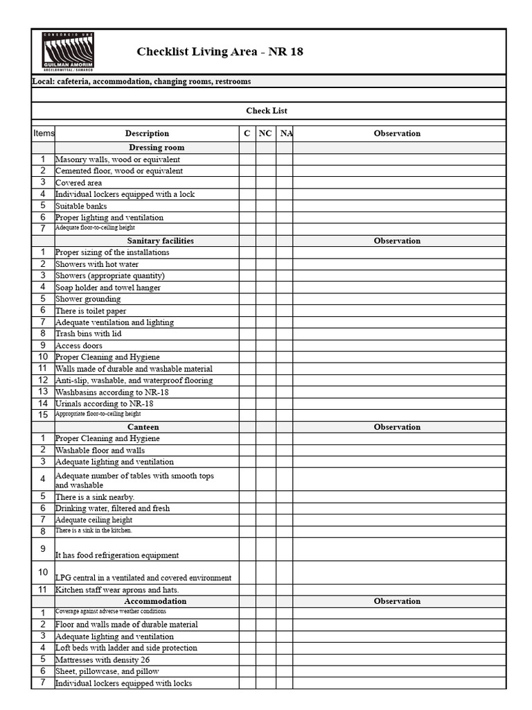 NR 18 Living Area Compliance Checklist | PDF | Public Toilet | Sink