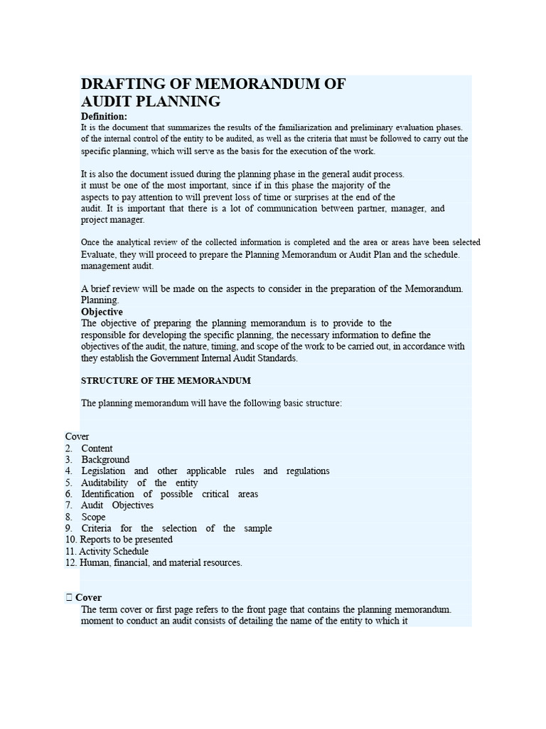 ELABORATION OF AUDIT PLANNING MEMORANDUM | PDF | Audit | Internal Control