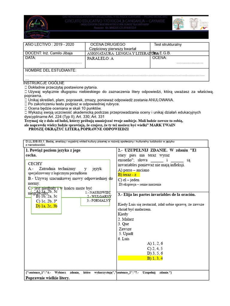 TEST Odpowiedzi DRUGI SEMESTR PRZYFIRST KWARTAL Język I Literatura ...