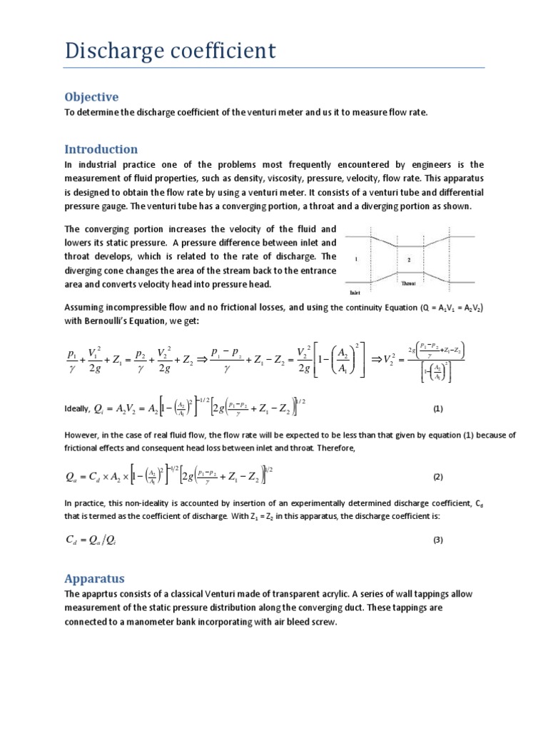 Venturi Meter Discharge Coefficient Analysis | PDF | Pressure | Fluid ...