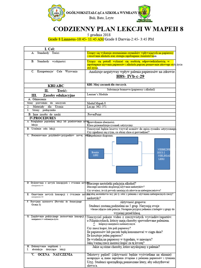 Codzienny Plan Lekcji W MAPEH 8 4. Kwartał | PDF