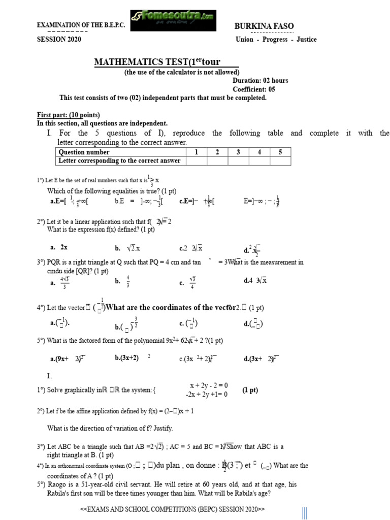 BEPC 2020 Mathematics Exam Analysis | PDF | Euclidean Geometry ...