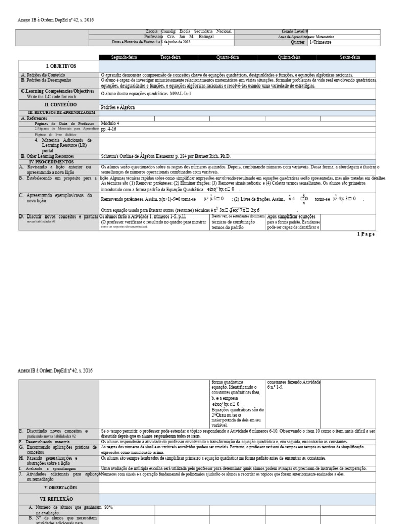 DLL Grade 9 Math Q1 Semana 1 | PDF | Equações | Matemática