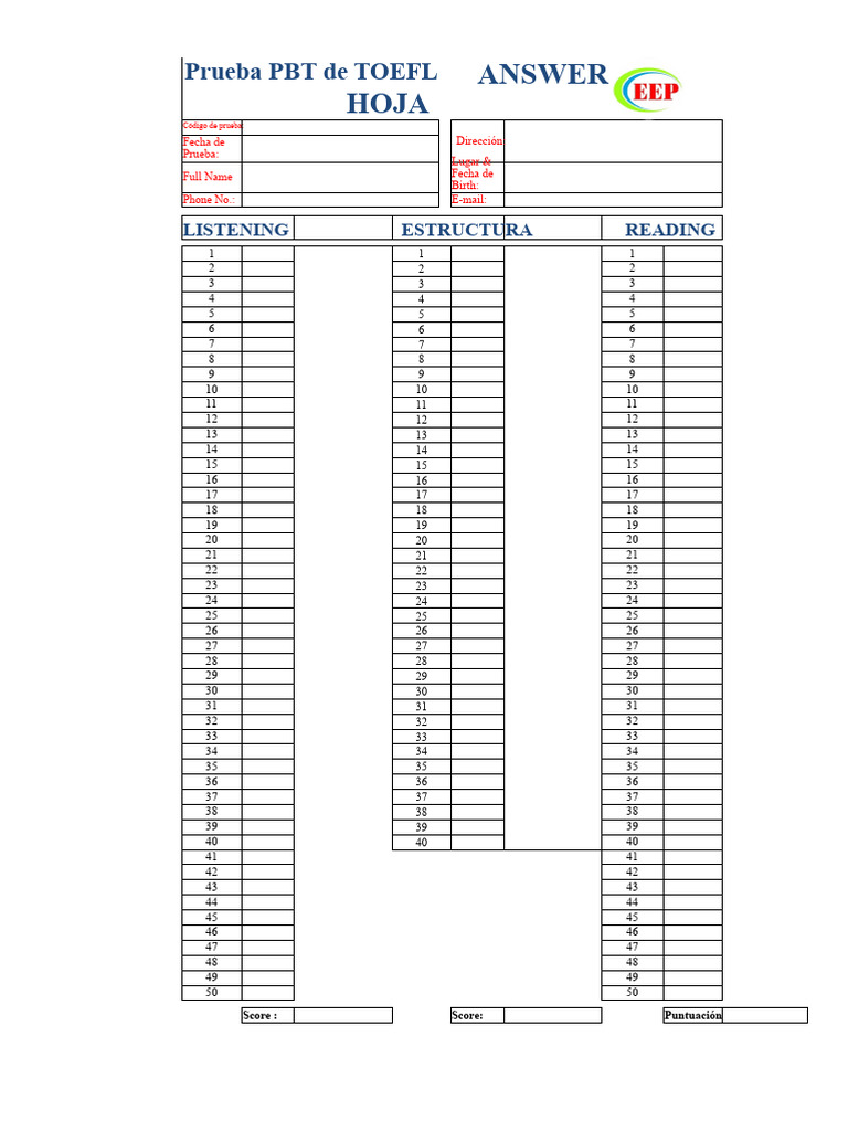 Hoja de respuestas del TOEFL Pbt | PDF