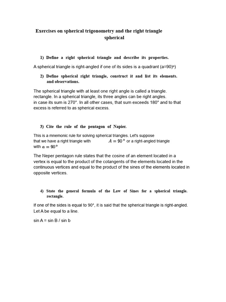 Exercises On Spherical Right Triangle Started | PDF | Triangle ...