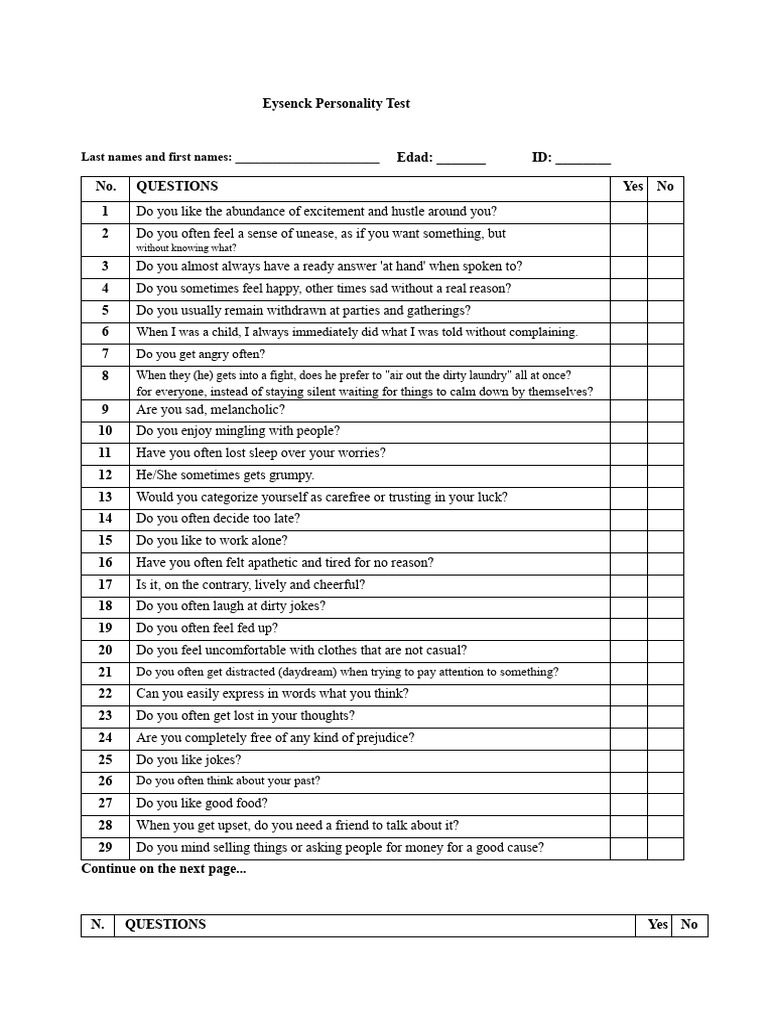Eysenck Personality Test Questionnaire | PDF | Extraversion And ...