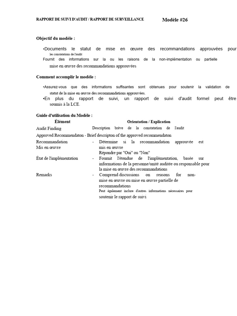 Rapport de Suivi d'Audit Modèle #26 | PDF