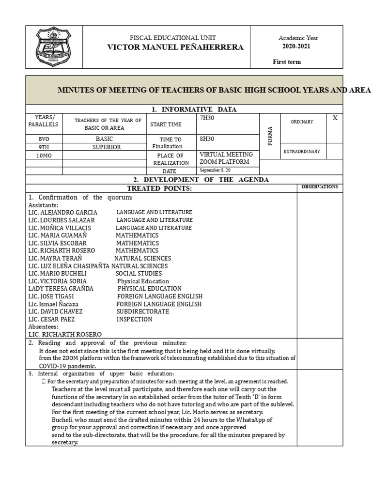 Format For Minutes of Virtual Meeting of Basic Higher Education ...