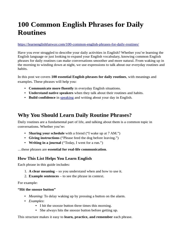 100 Common English Phrases for Daily Routines | PDF | English Language ...