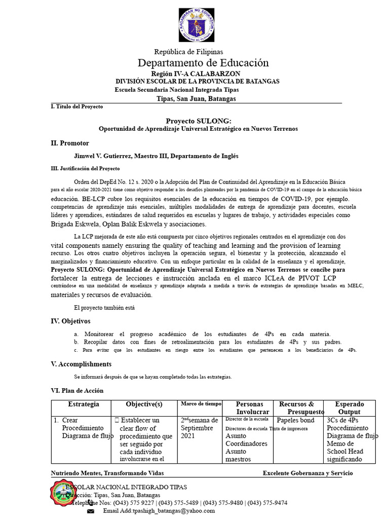 Propuesta de Proyecto - 3Cs de 4Ps | PDF | Aprendizaje | Escuelas