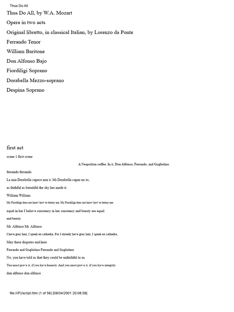 Mozart - Così Fan Tutte - Libretto - Italian and Spanish PDF | PDF ...