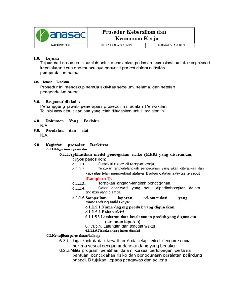 POE-PCO-04 Prosedur Kebersihan dan Keselamatan Kerja 2019 | PDF