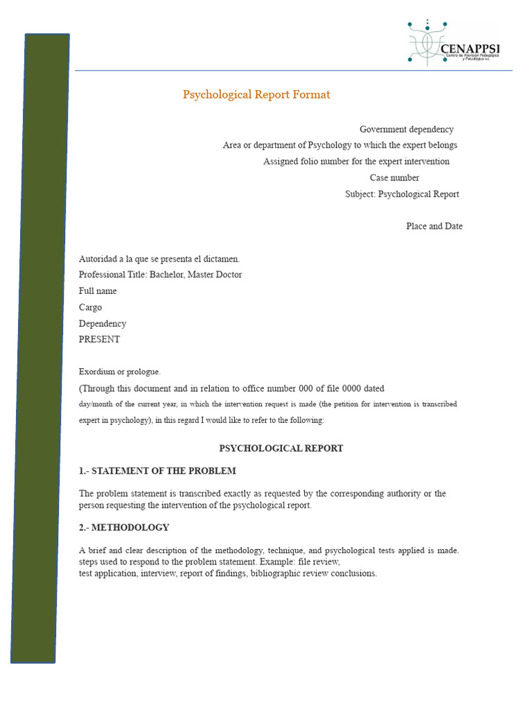 Comprehensive Psychological Report Format | PDF | Psychology | Methodology