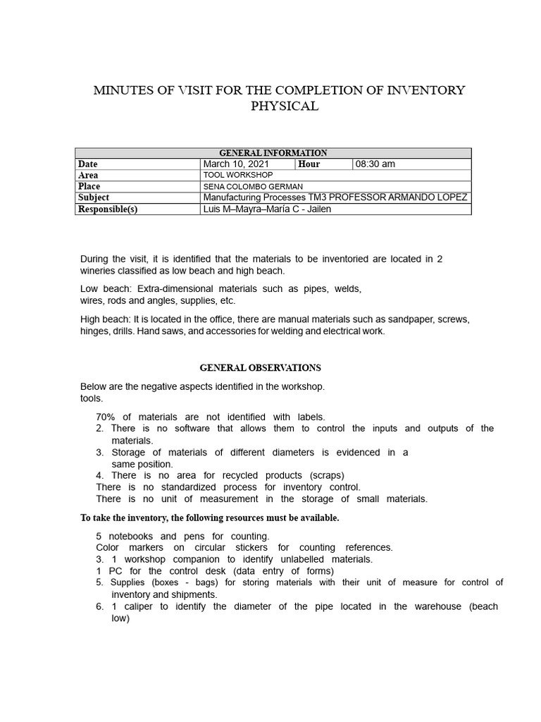 Tool Workshop Inventory Visit Report | PDF | Inventory | Warehouse