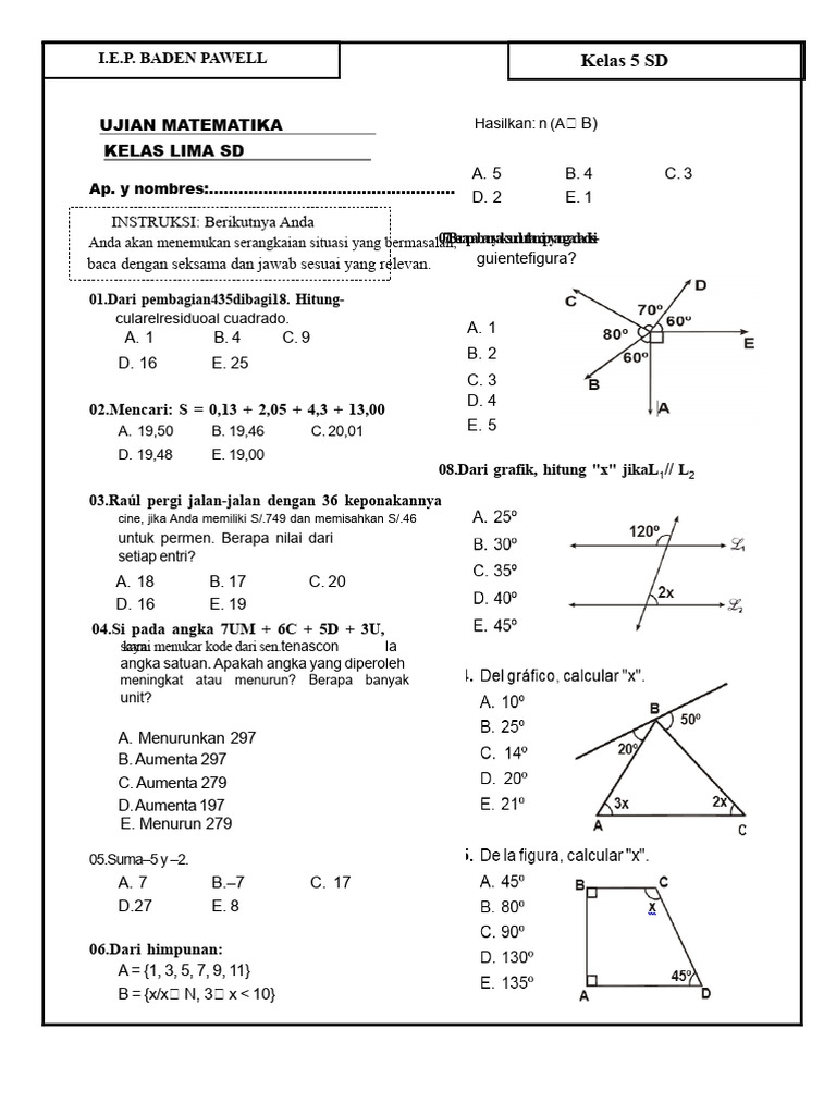 Ujian Matematika Kelas 5 SD I.E.P. Baden Pawell | PDF