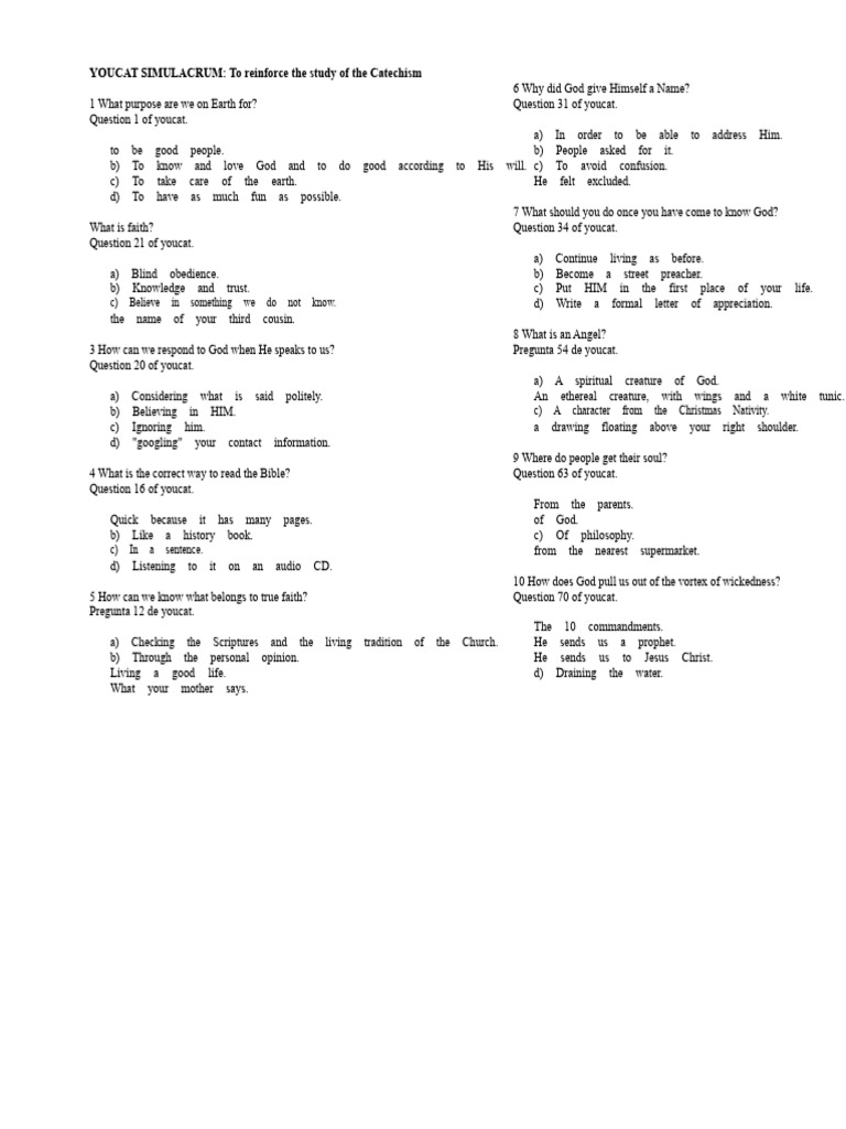 YOUCAT Study Guide and Quiz | PDF | Jesus | Catholic Church