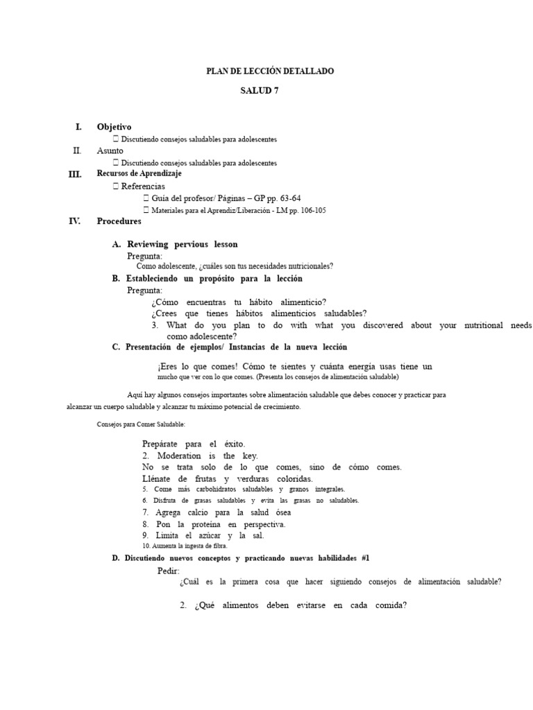 Plan de Lección Detallado para Salud VII | PDF | Alimentos | Refresco