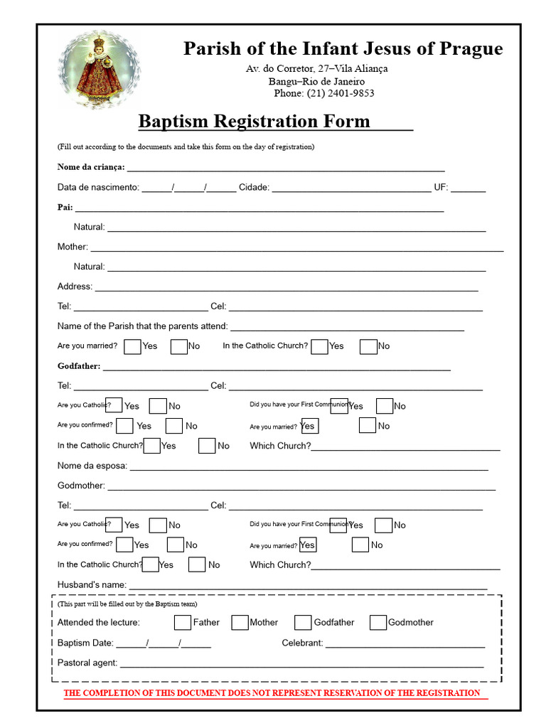 Baptism Registration Form - Infant Jesus Parish | PDF | Godparent ...
