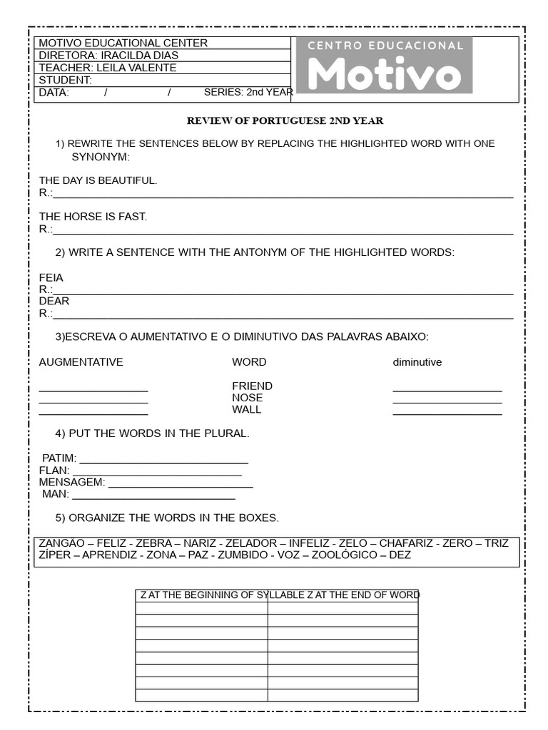 Portuguese Assessment 2nd Year | PDF