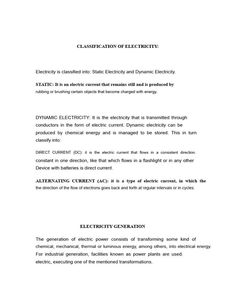 Types and Classification of Electricity | PDF | Electronics | Electricity