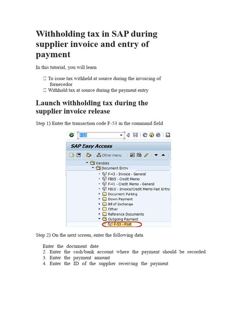 F53 Withholding Tax in SAP During Vendor Invoice and Payment Posting | PDF