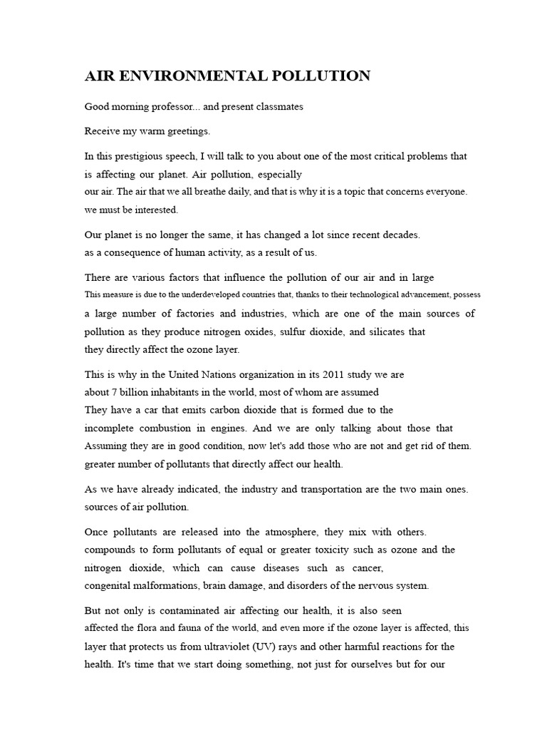 Speech - Air Environmental Pollution | PDF | Air Pollution | Atmosphere ...