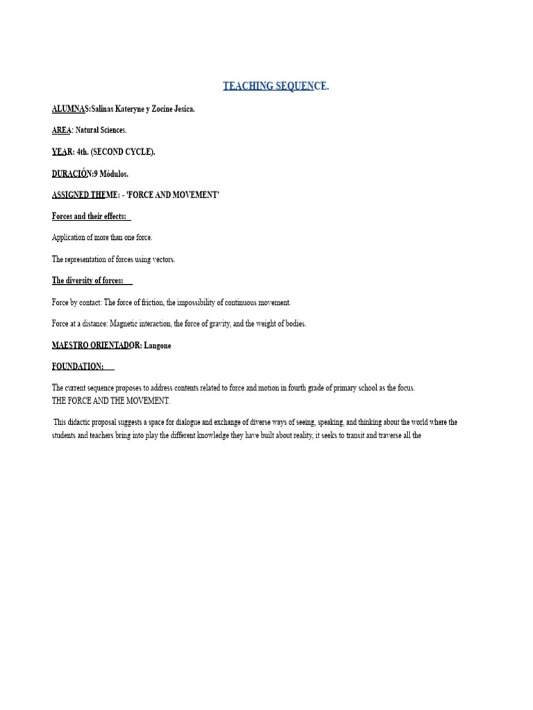 DIDACTIC SEQUENCE 4th Grade Forces and Motion | PDF | Force | Gravity