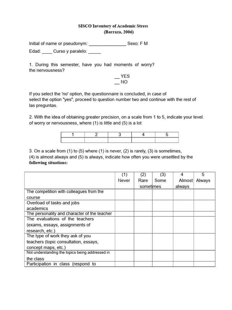 SISCO Inventory of Academic Stress Last | PDF | Anxiety | Psychology