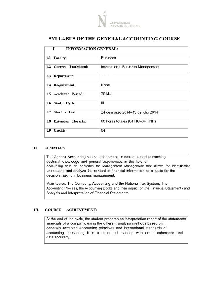 Syllabus of The General Accounting Course. Upn PDF | PDF | Knowledge ...