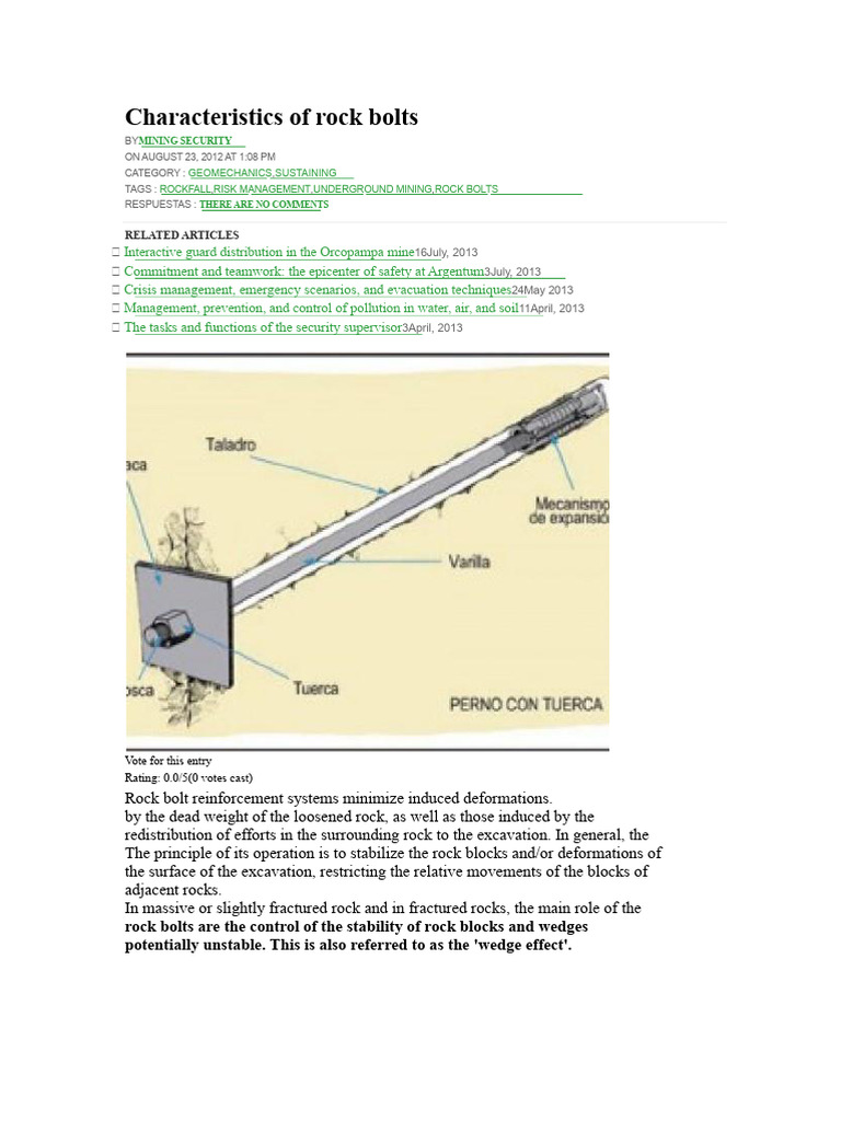 Rock Bolt Characteristics in Mining | PDF | Screw | Friction