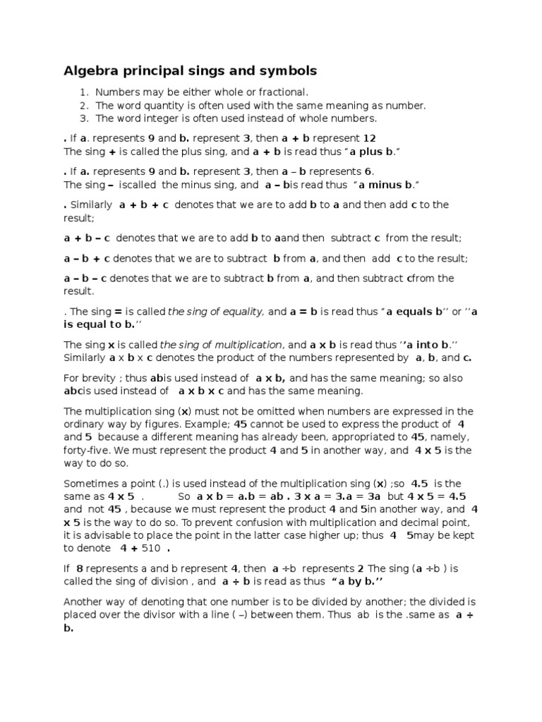 Algebra Principal Sings | PDF | Division (Mathematics) | Integer