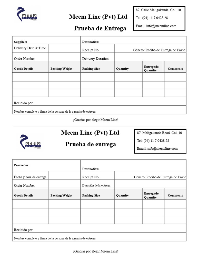 Recibo de Entrega de Meem Line | PDF