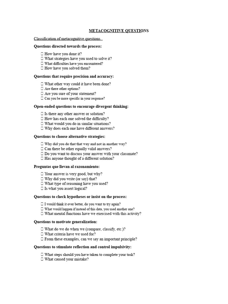 Metacognitive Questions | PDF | Metacognition | Self Awareness