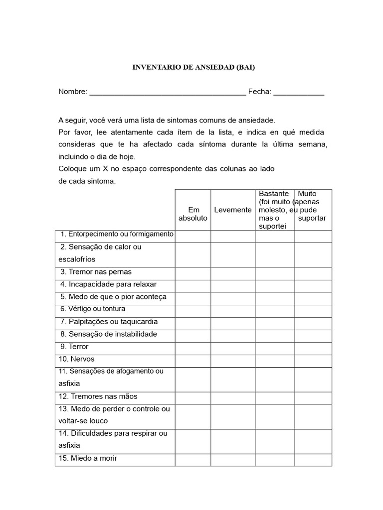 Inventário de Ansiedade de Beck (BAI) PDF | PDF