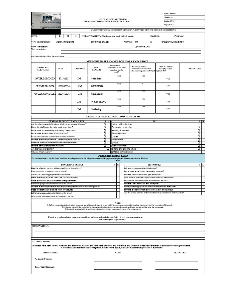 High Risk Hot Work Permit Format | PDF | Occupational Safety And Health ...