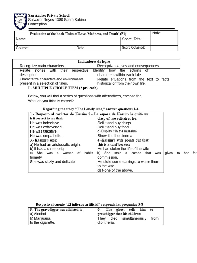 Test love, madness, and death stories.docx | PDF | Multiple Choice