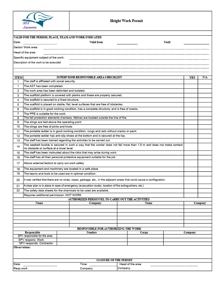 Height Work Permit Template | PDF | Scaffolding | Occupational Safety ...