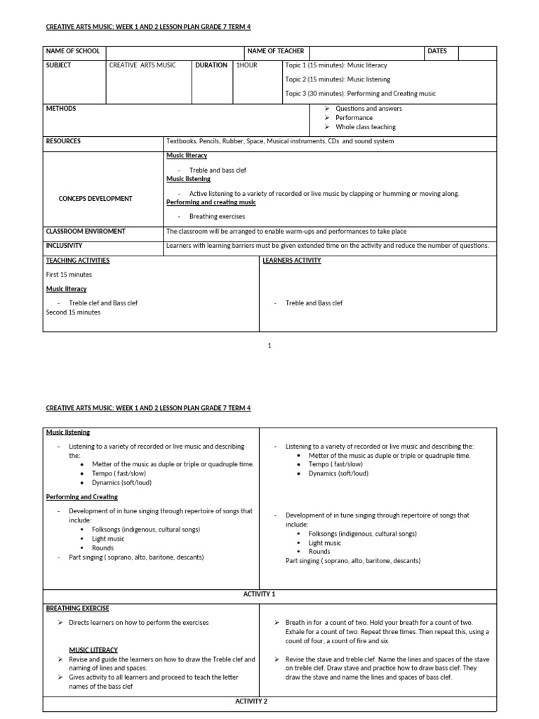 Creative Arts Lesson Plan Week 1 & 2 Term 4 | PDF | Clef | Breathing