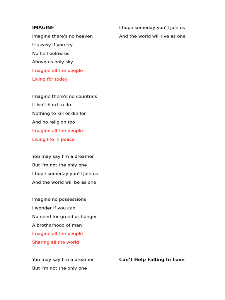 Lyrics Analysis: Imagine & Love Songs | PDF