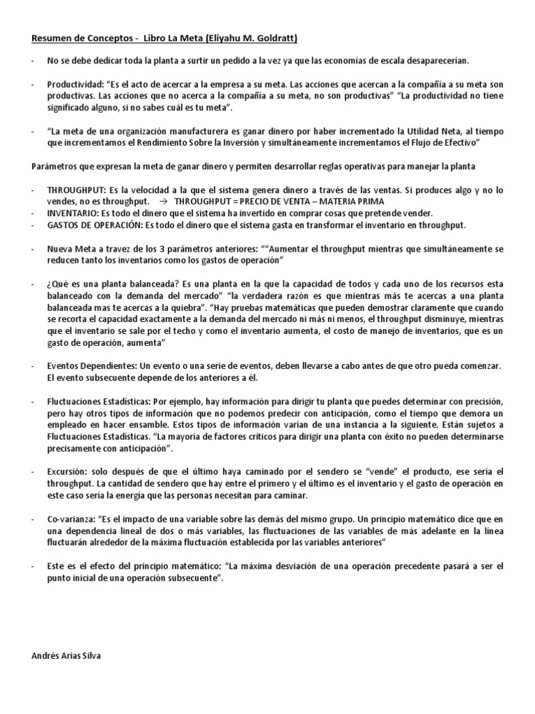 Libro La Meta (Eliyahu M. Goldratt) -Resumen de Conceptos | Inventory ...